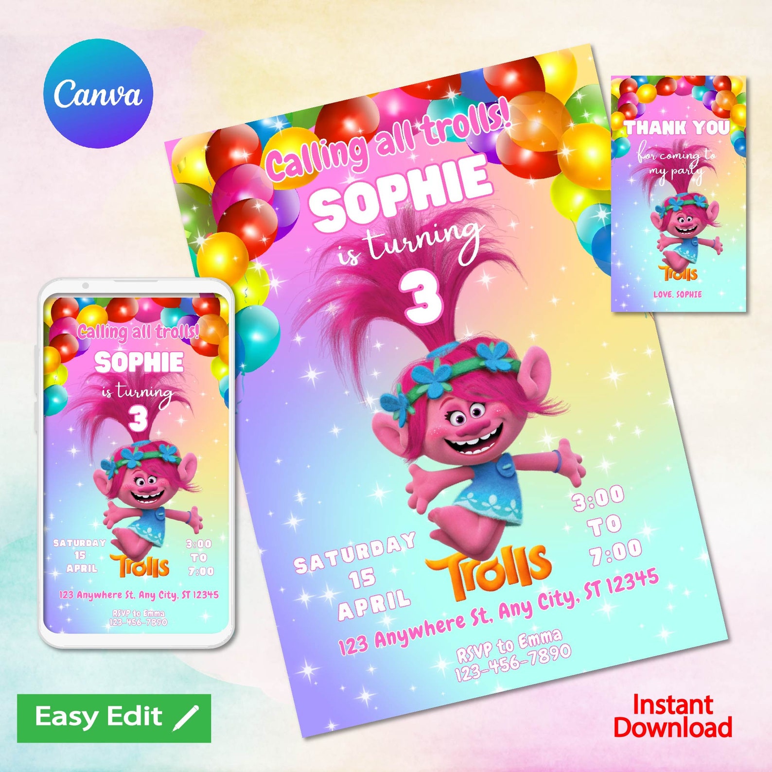 Editable Trolls Poppy Birthday Invitation | Trolls Girls Invite ...