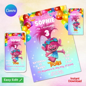 Editable Trolls Poppy Birthday Invitation | Trolls Girls Invite ...
