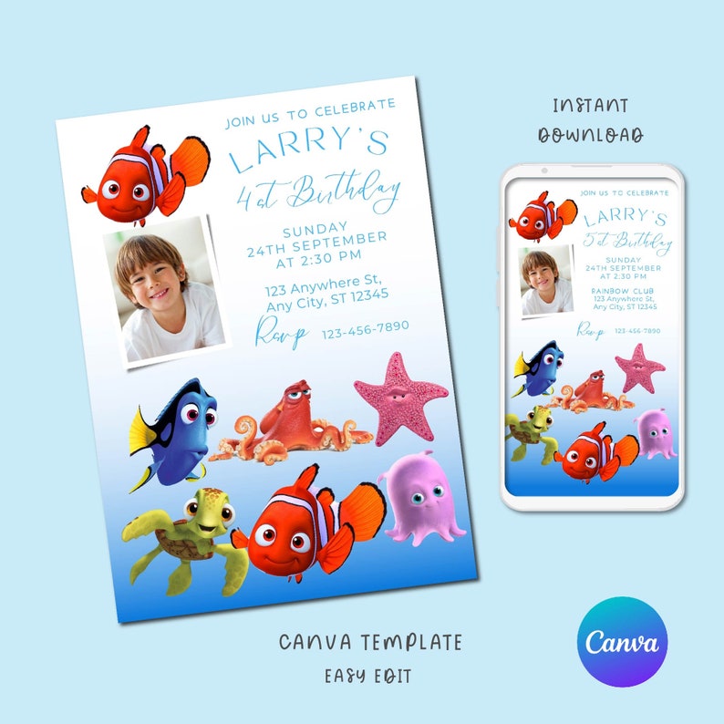 Printable Nemo Birthday Invitation, Dory Invite, Under the Sea Party ...