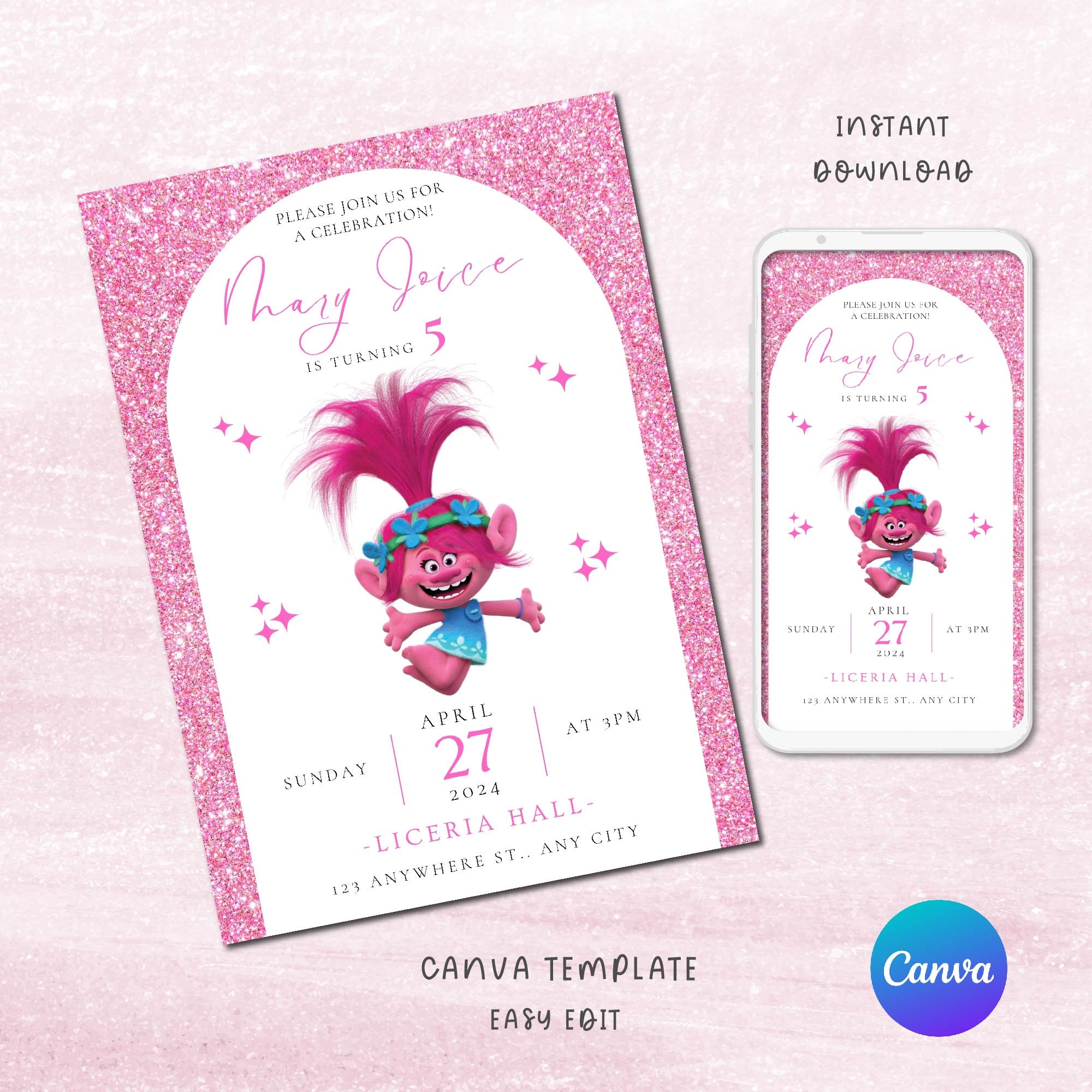Editable Trolls Poppy Birthday Invitation | Trolls Girls Invite ...