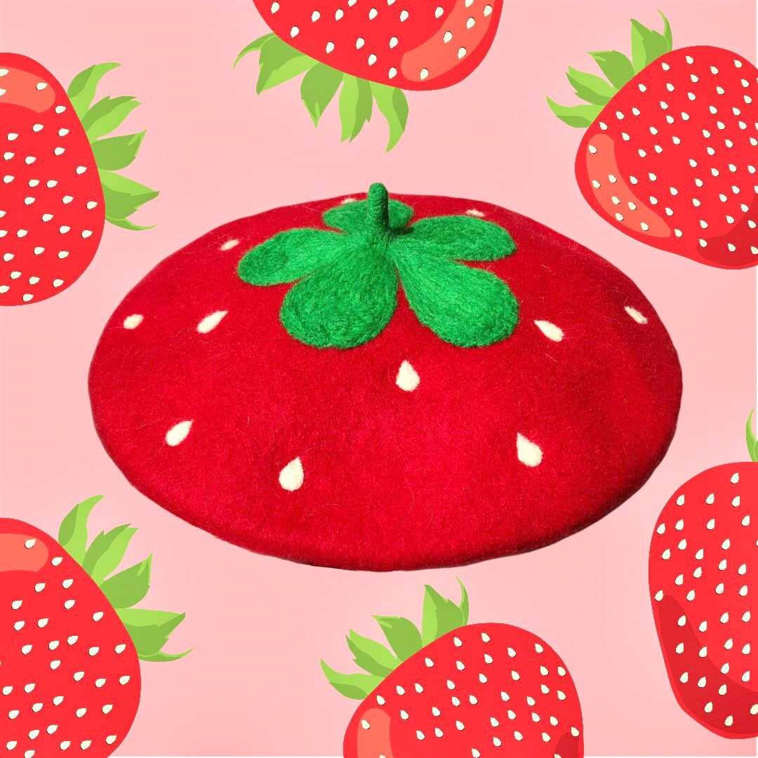 Strawberry Beret, Cream Seeds Strawberry Hat, Fruit Beret Hat, French ...