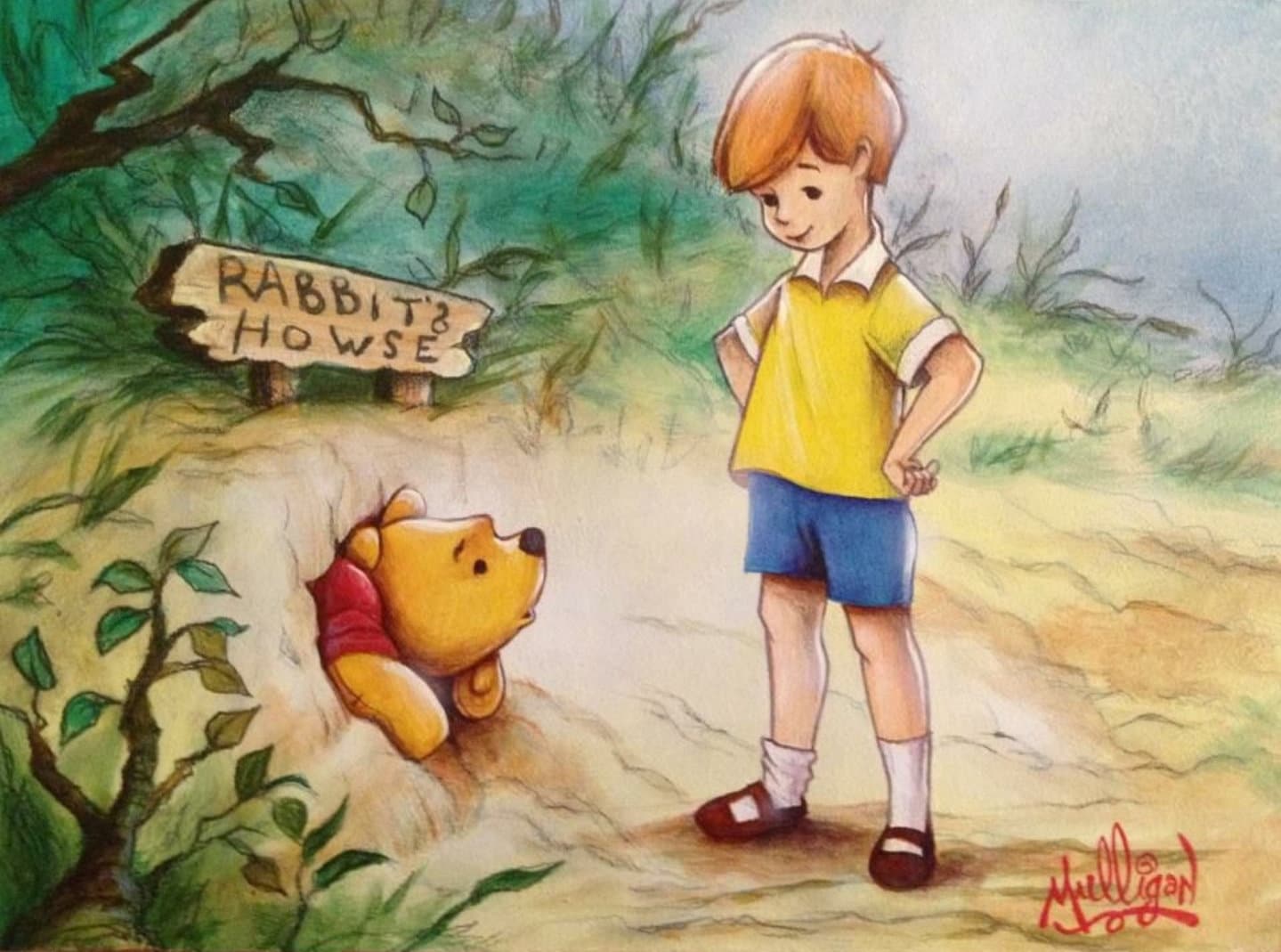Winnie the Pooh 'stuck' Pooh & Christopher Robin Lithograph by James C ...