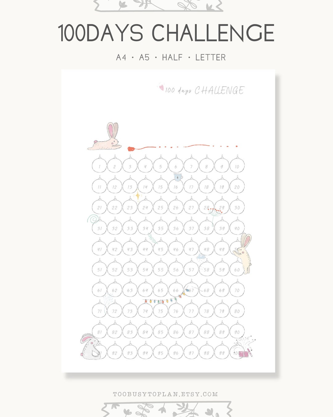 100days Challenge Tracker Chart | Printable Digital Habit Tracker Sheet ...