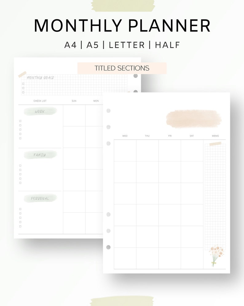Monthly Planner Spreads With Section Titles for Checklist to Do List ...