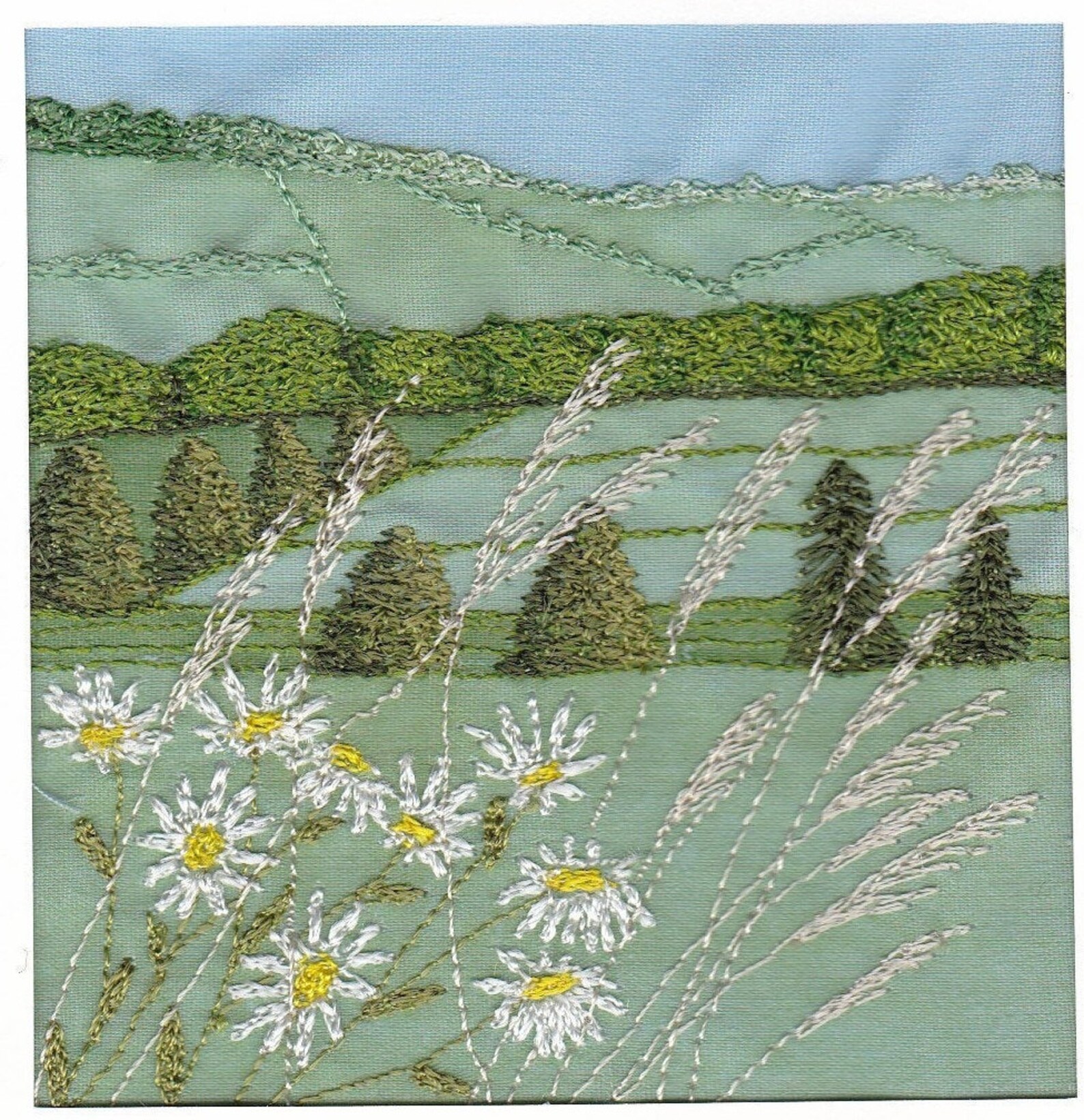 Handmade Card Embroidered Fields and Daisies - Etsy