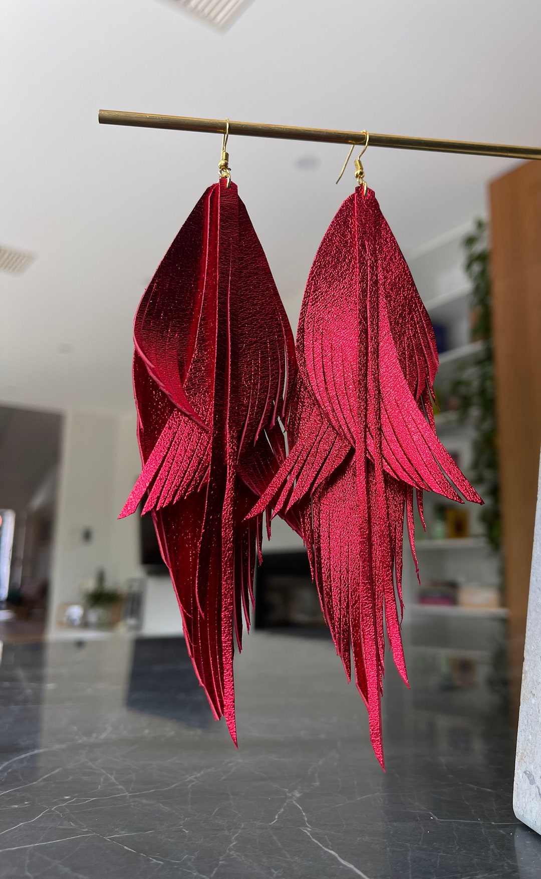 Ruby Red Starling Earrings - Metallic Ruby Red Leather Earrings. Long ...