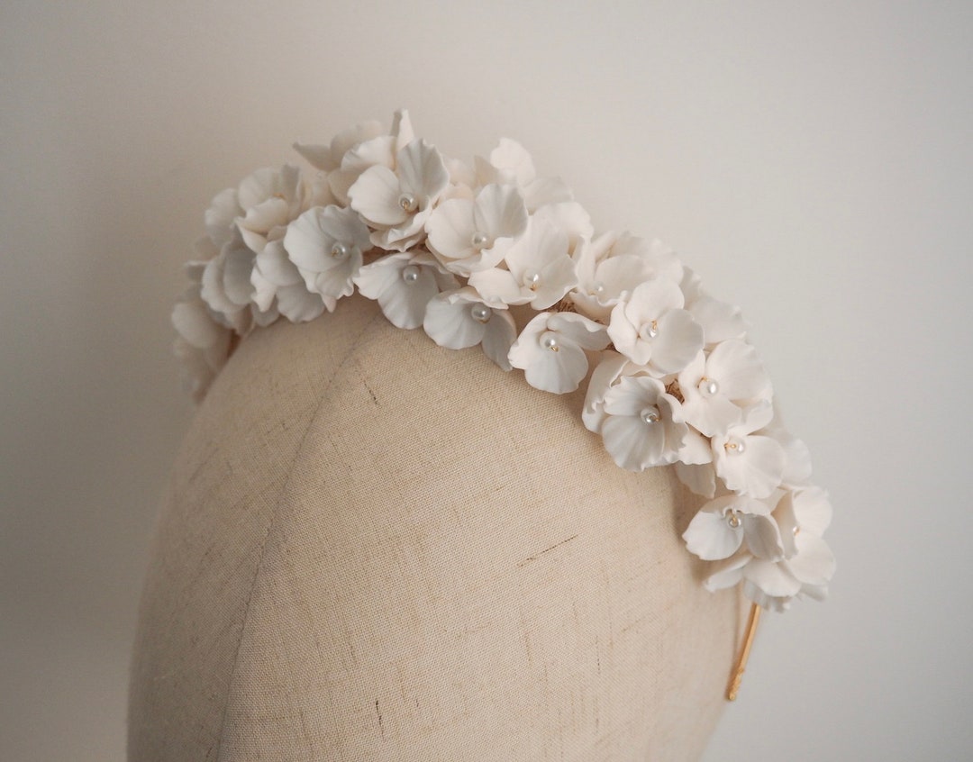 SCARLETT | White Floral Bridal Crown, Clay Flower White & Gold Crown ...