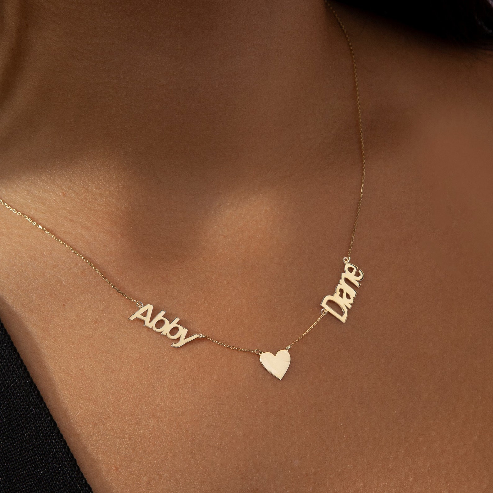 14K Solid Gold Two Name Necklace 2 Names Necklace Custom - Etsy