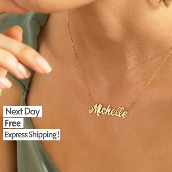 14K Solid Gold Nameplate Necklace Custom Name Plate Necklace - Etsy