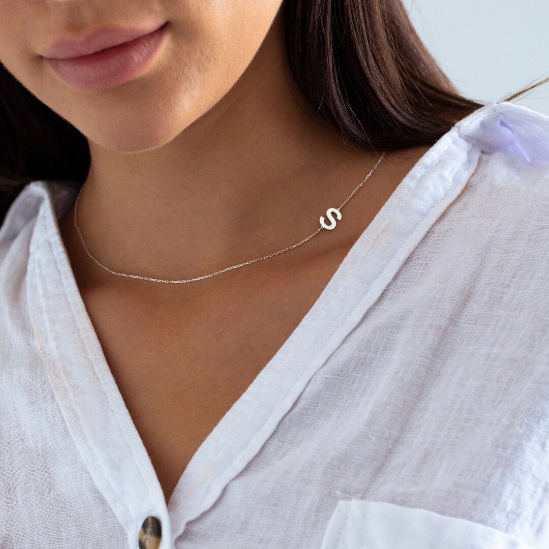 14K Solid Gold Sideways Necklace, Custom Gold Initial Necklace, Letter ...