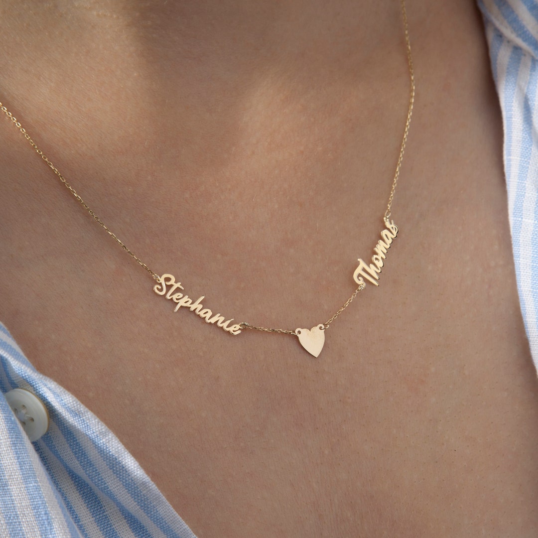 14K Solid Gold Two Name Necklace, 2 Names Necklace | Custom Double Name ...