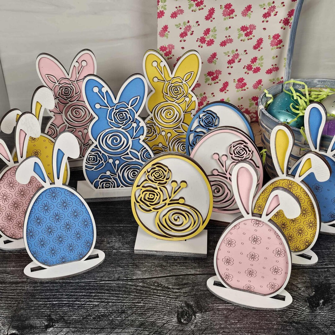 Easter Egg & Bunny Shelf Sitters | Floral Wood Decor | Spring Table ...