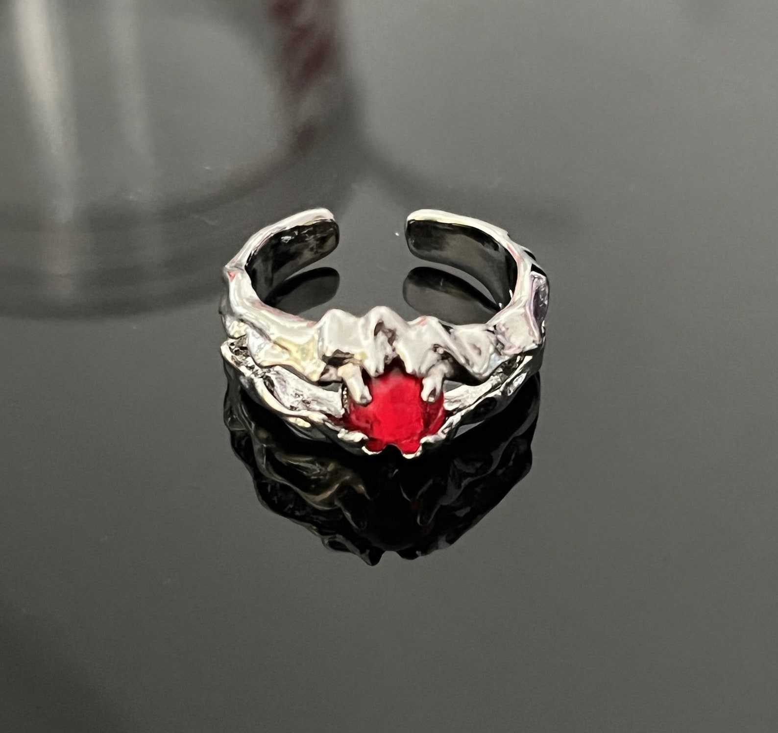 Y2k Gem Punk Gothic Rings, Red Gem Silver Adjustable Rings, Demonic ...