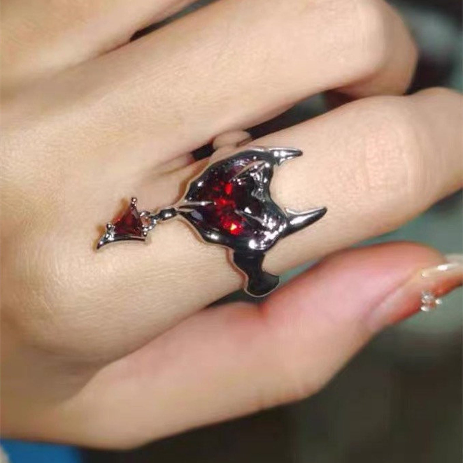 Y2k Gem Punk Gothic Rings, Red Gem Silver Adjustable Rings, Demonic ...