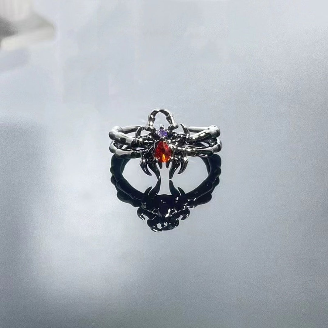 Spider Gothic Gem Rings, Red Crystal Punk Adjustable Rings, Y2k Chunky ...
