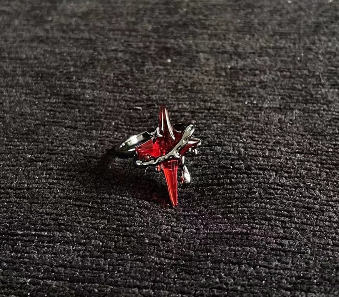 Blood Star Punk Rings, Red Gothic Y2k Adjustable Rings, Vintage Silver ...