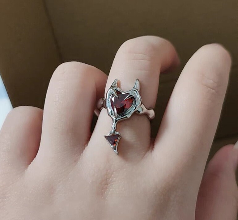 Y2k Gem Punk Gothic Rings, Red Gem Silver Adjustable Rings, Demonic ...