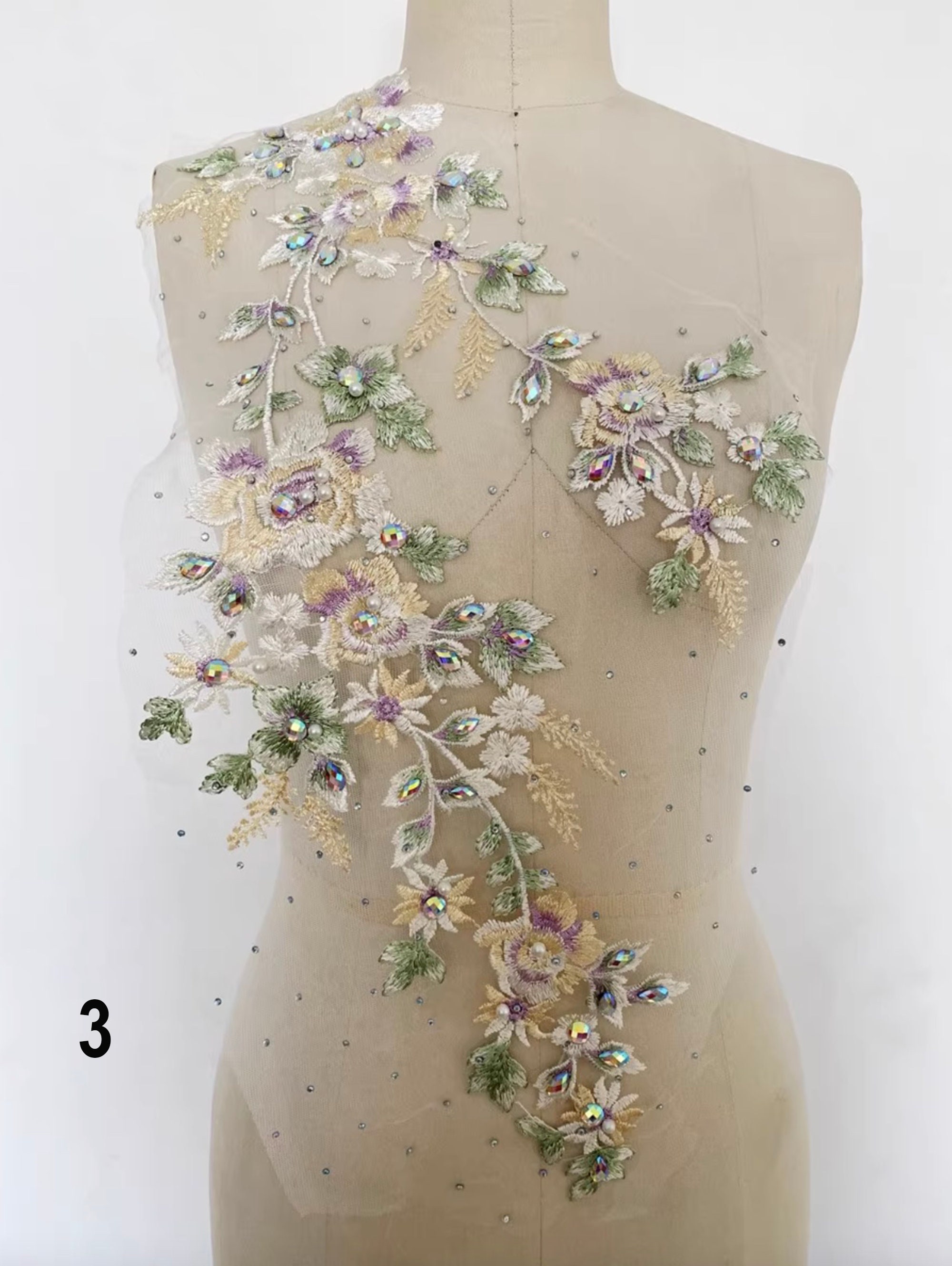 7 Colors Sequins Applique, Gold Flower Applique, 3D Prom Glitter Lace Applique, Rhinestones ...