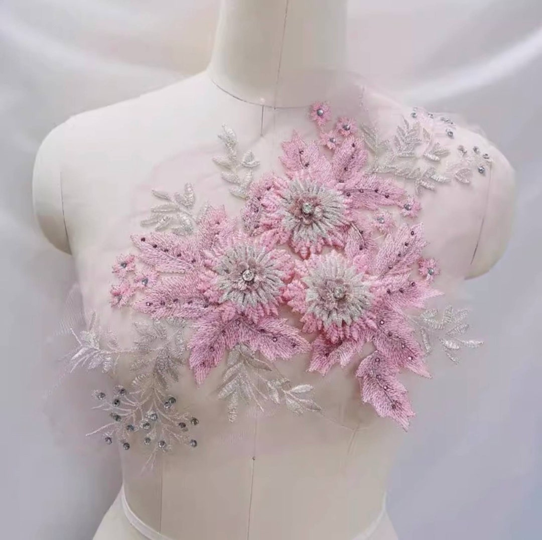 Pink Lace Applique, 3D White Beaded Black Lace Applique, Rose Prom ...