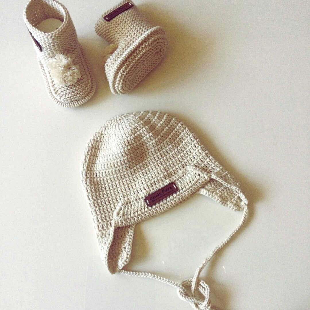 Organic Cotton Hand Knit Boy Jockey Hat and Bootie Set, Baby Boy Gift ...
