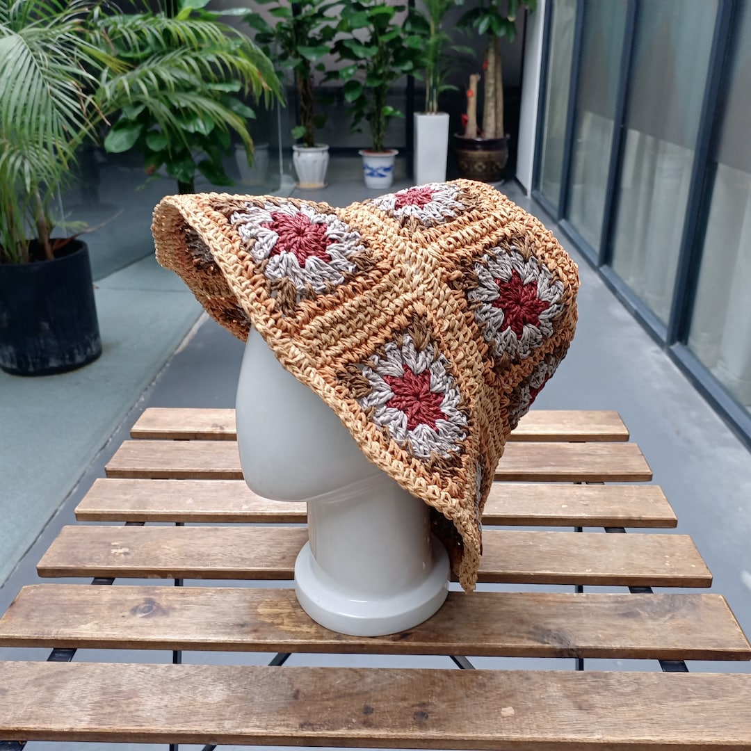 Brown Granny Square Straw Hat, Handmade Straw Hat, Straw Bucket Hat ...