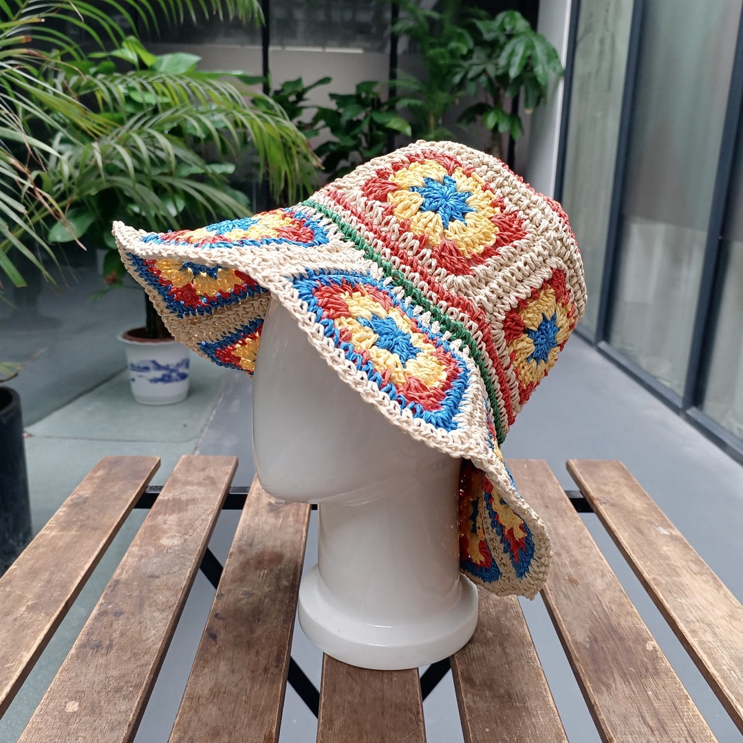 Summer Straw Hat, Beige Straw Bucket Hat, Orange Blue Granny Square Hat ...