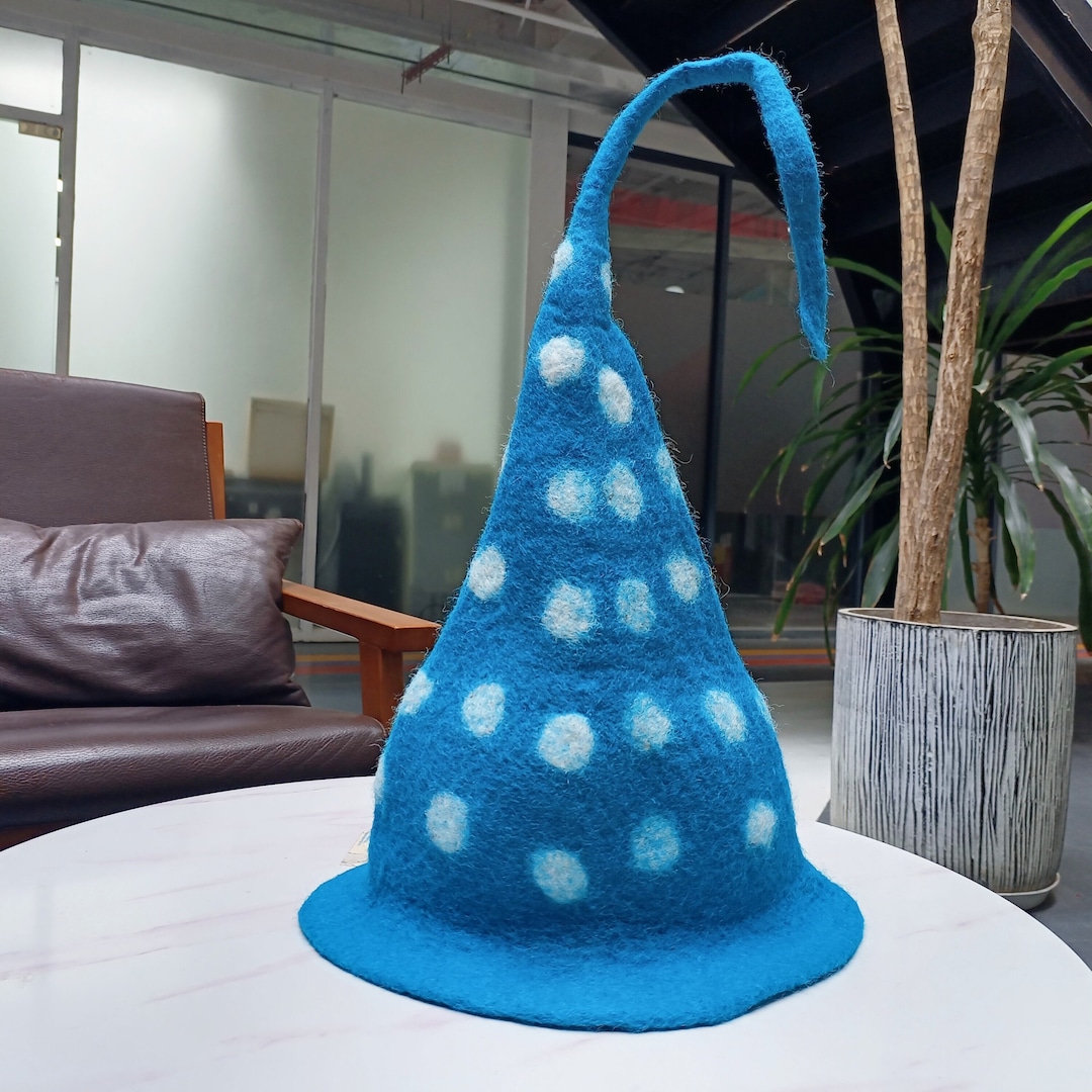 Blue Wool Hat, Blue White Dot Wool Hat, Elf Hat, Handmade Felted Wool ...