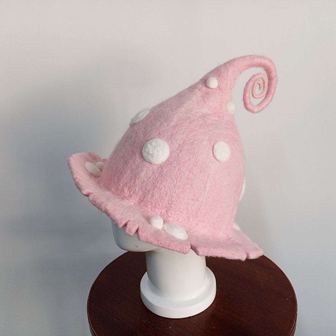 Pink Wool Hat, White Dots Wool Hat, Cute Wool Hat, Wool Elf Hat, Felted ...