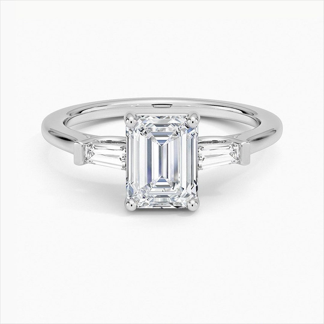 Emerald Cut Moissanite Engagement Ring White Gold Three Stone ...