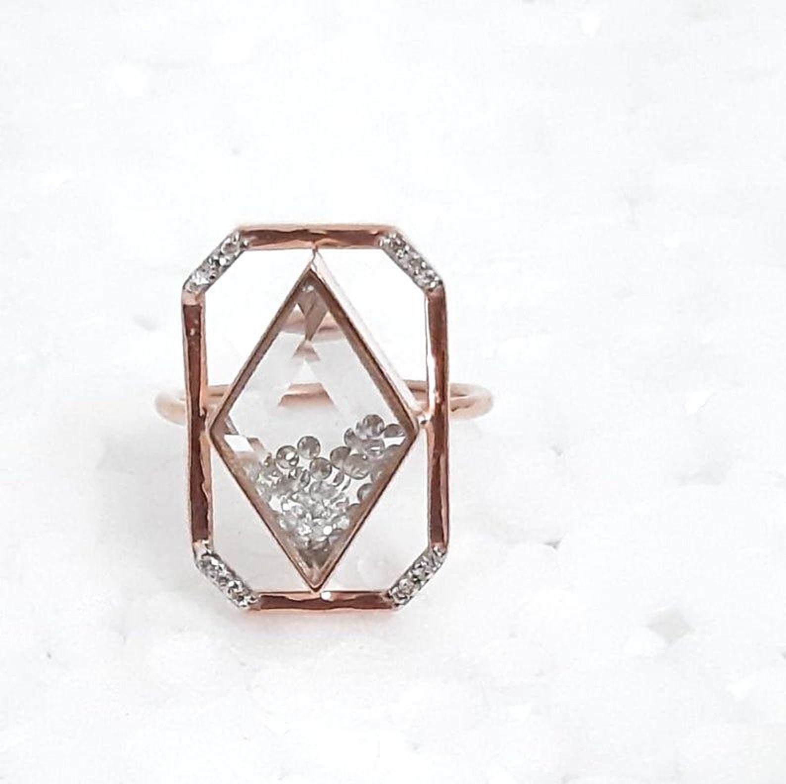 Diamond Shaped Filled Framed Shaker Ring - Diamond/topaz - 14k Gold ...