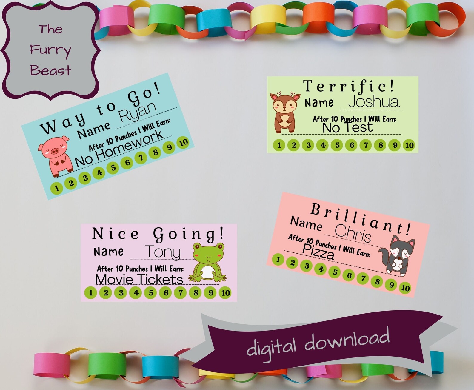 Kids Reward Punch Cards, Habit Tracker, School Reward Coupon, Tickets ...