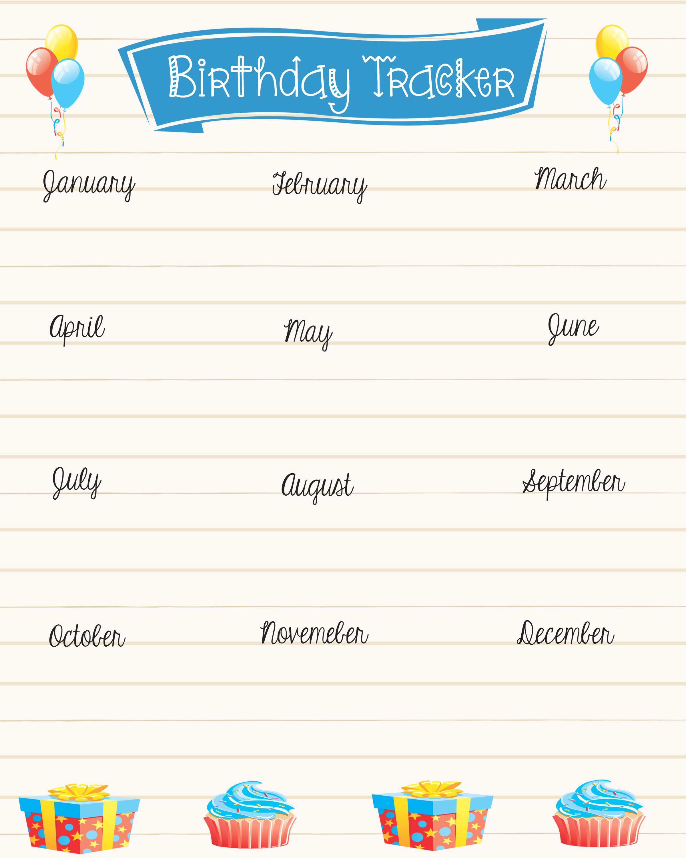Printable Birthday Tracker, Classroom Party Log, Birth Date Organizer ...