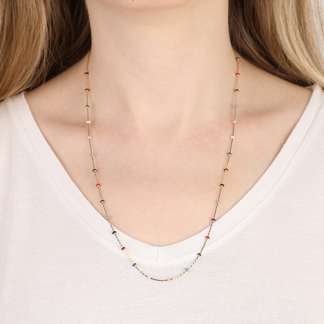 Enamel Station Chain /multicolor Station Necklace/14k Rainbow Enamel ...