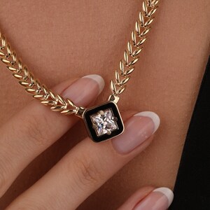 Chevron Herringbone Chain Necklace|14k Gold Chevron Chain Square Stone ...