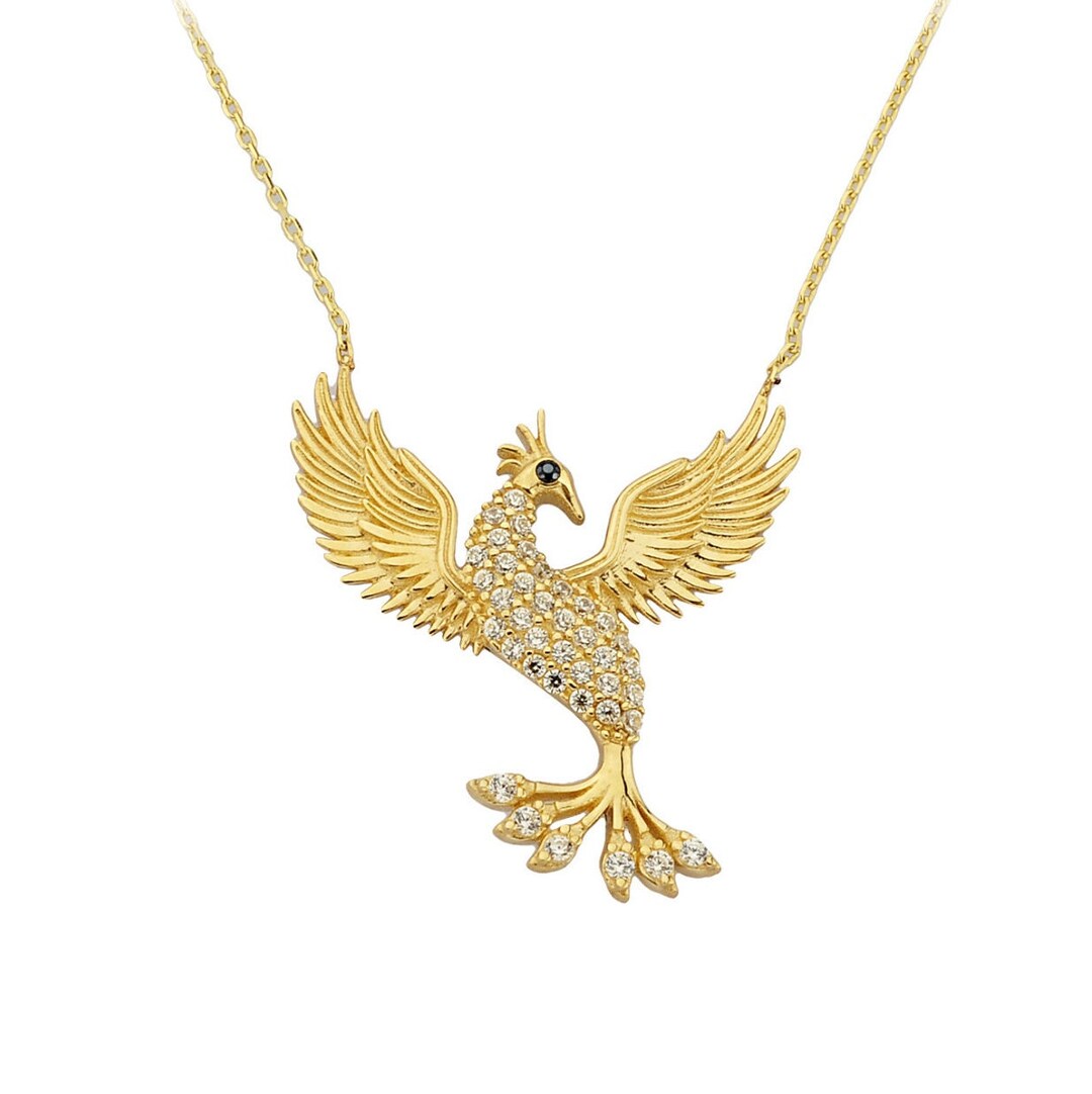 14K Gold Phoenix Necklace - Vintage Gold Cz Phoenix Bird Necklace ...