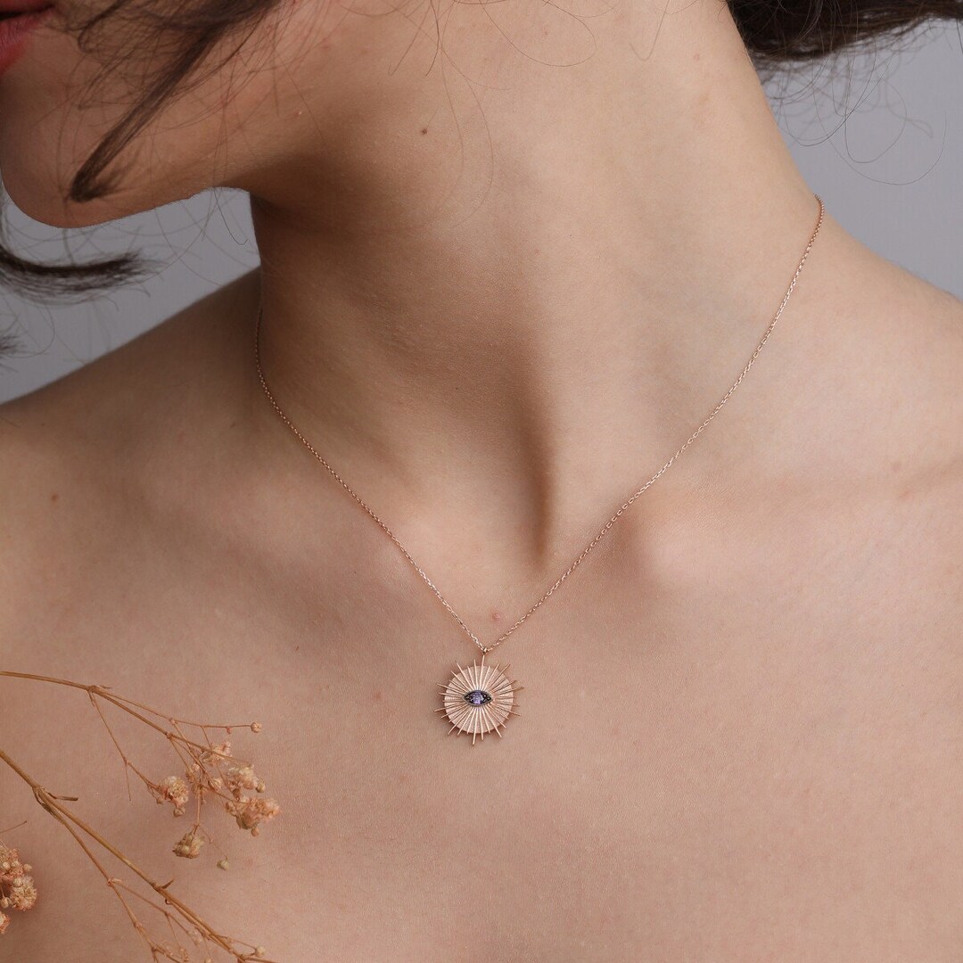 14K Gold Coin Sun Eye Necklace birthstone Sun Necklace vintage Sunshine ...