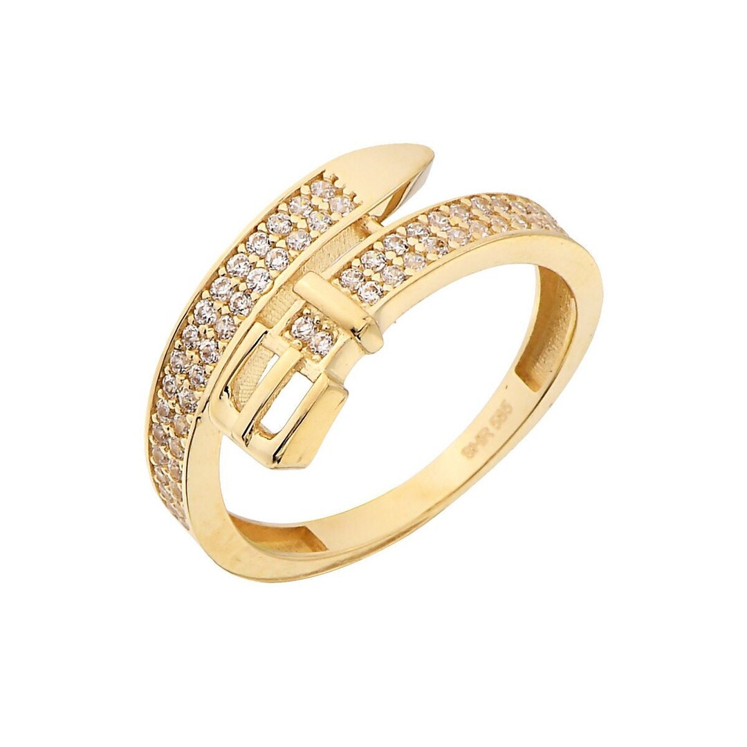 14k Yellow Gold Buckle Band Ring- Creative Belt Buckle Zircon Ring ...