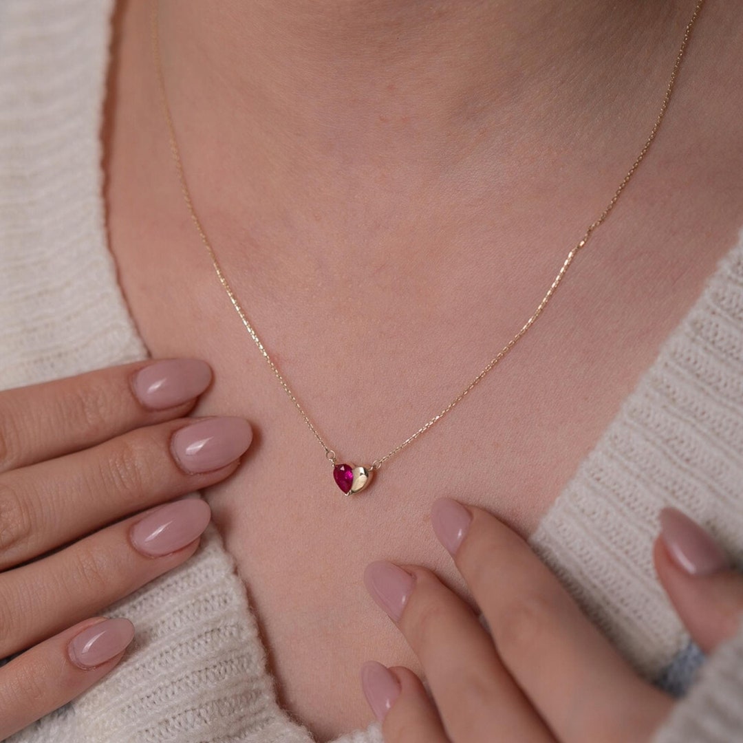 Heart-shaped Ruby Necklace – 14K Gold Half-ruby Half-metal Pendant ...