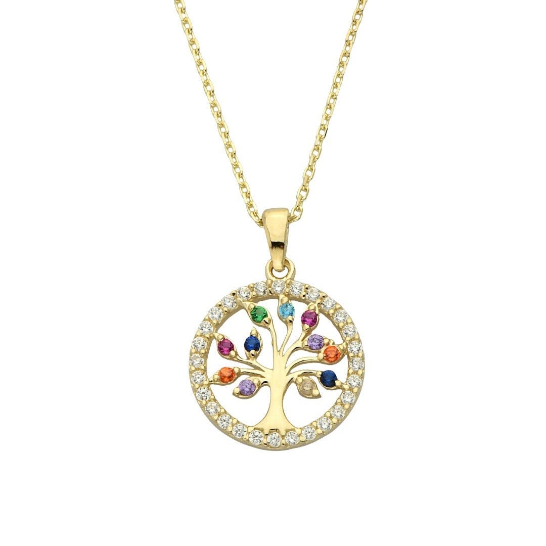 14K Real Gold Family Tree Necklace-gemstone Generational Tree Necklace ...