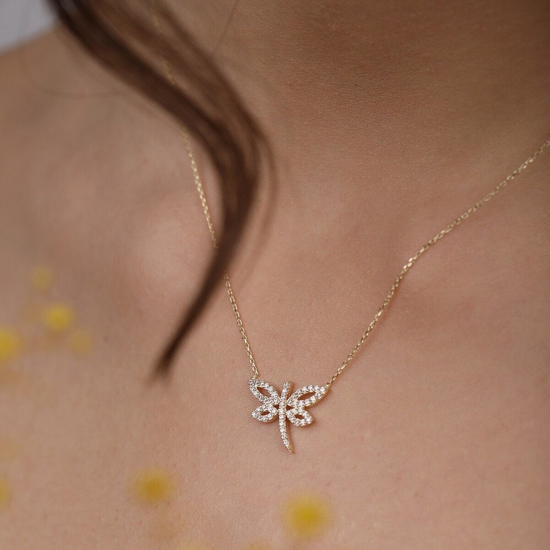 14K Gold Dragonfly Necklace -cz Dragon Fly Necklace - Dragonfly Jewelry ...
