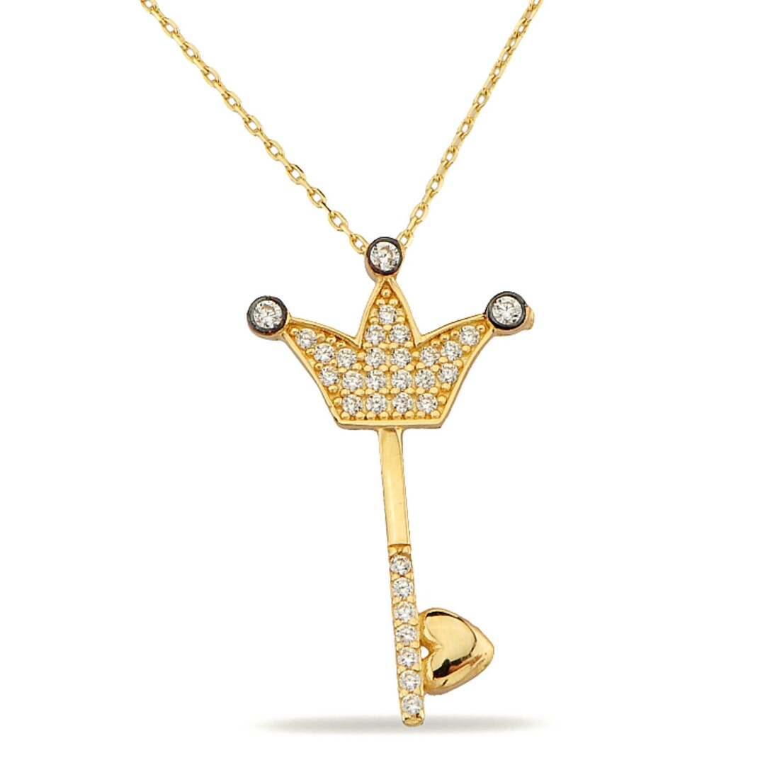 Crown Princes Key W/heart Necklace - 14K Gold Cz Crown Key Necklace ...
