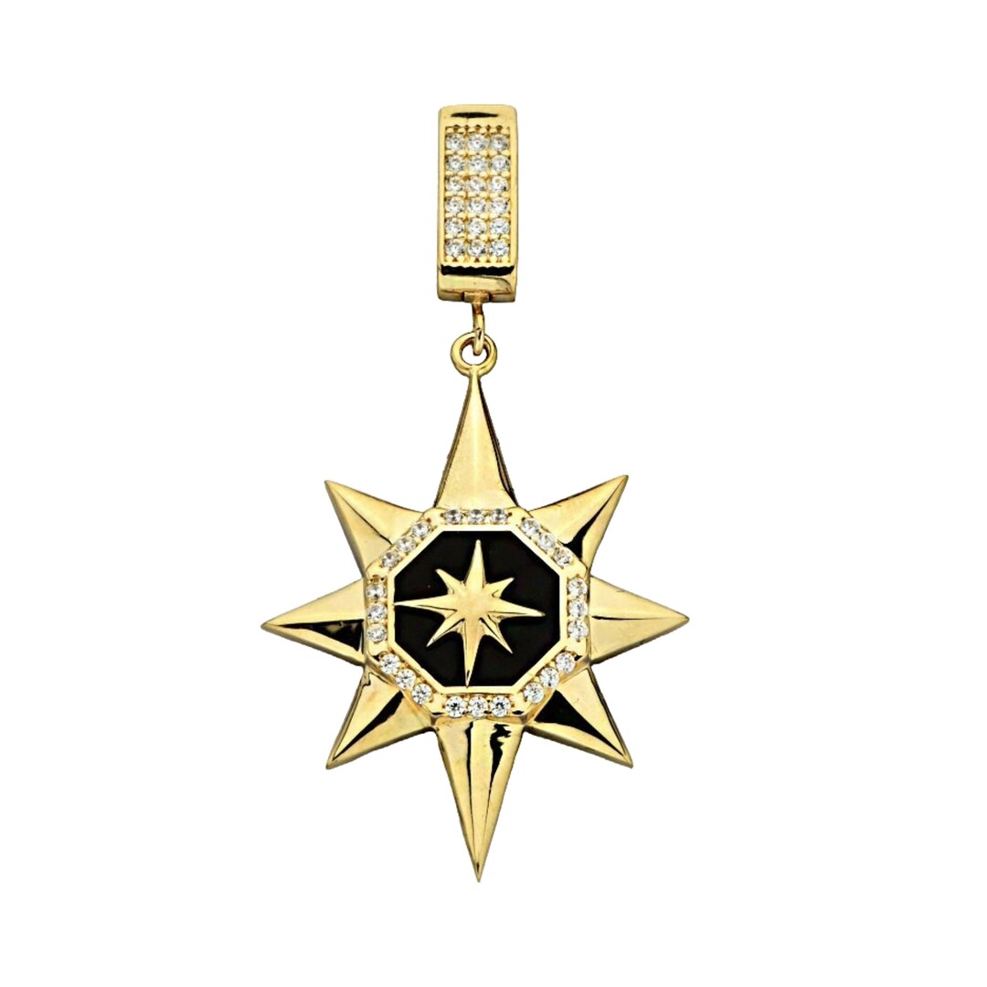 14K Gold Cz Compass Star Pendant W/ Black Enamel - North Star Charm ...