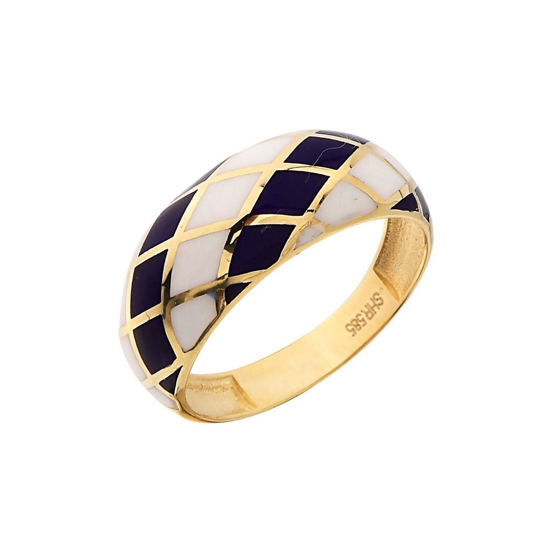 Checkerboard Ring in 14K Gold - Gold Checker Dome Ring- Navy and White ...