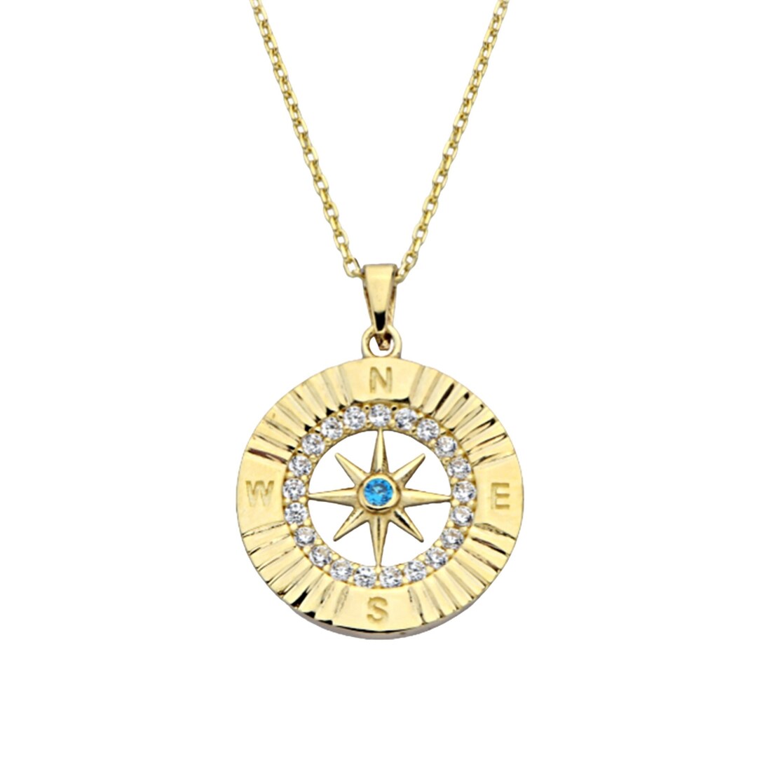 14K Gold Medallion Compass Necklace Cz Northstar Compass Pendant ...
