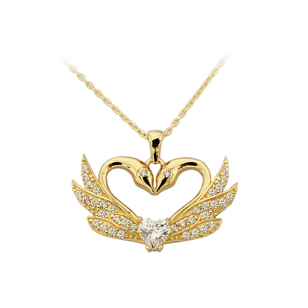 14K Gold Couple Swan Heart Necklace Dainty Swan Lover's Jewelry Perfect ...