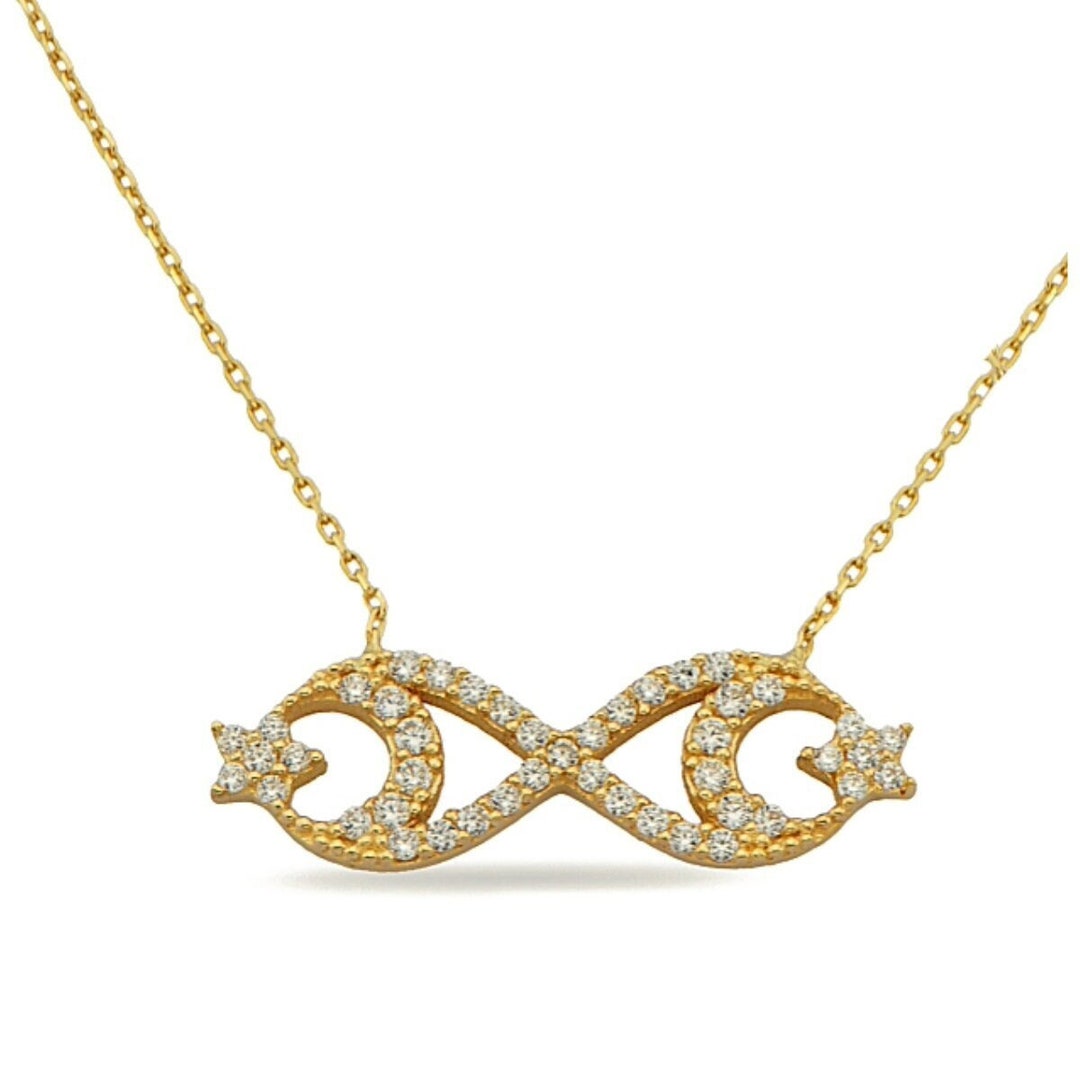 14K Real Gold Infinity Moon Star Necklace/ Double Moon and Star ...