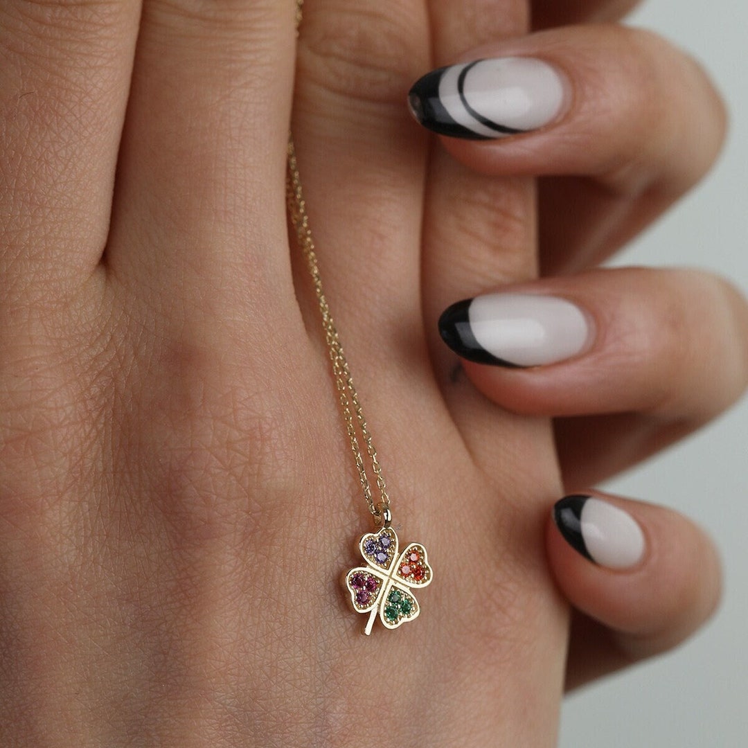 14K Gold Shamrock Birthstone Necklace/ Tiny Four Leaf Cover Necklace ...