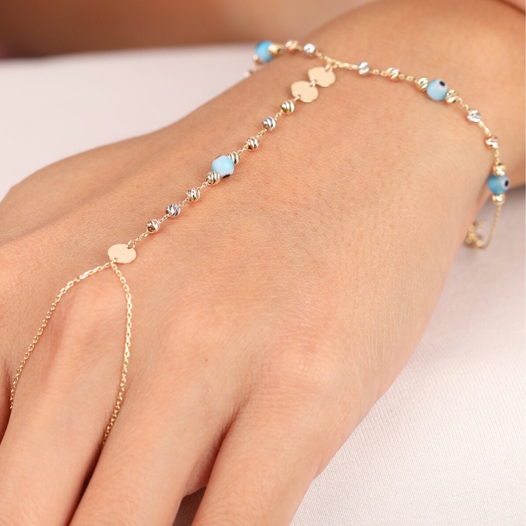 14K Gold Evil Eye Hand Chain Bracelet- Beaded Chain W/ Evil Eye- Summer ...
