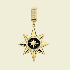 14K Gold Cz Compass Star Pendant W/ Black Enamel - North Star Charm ...
