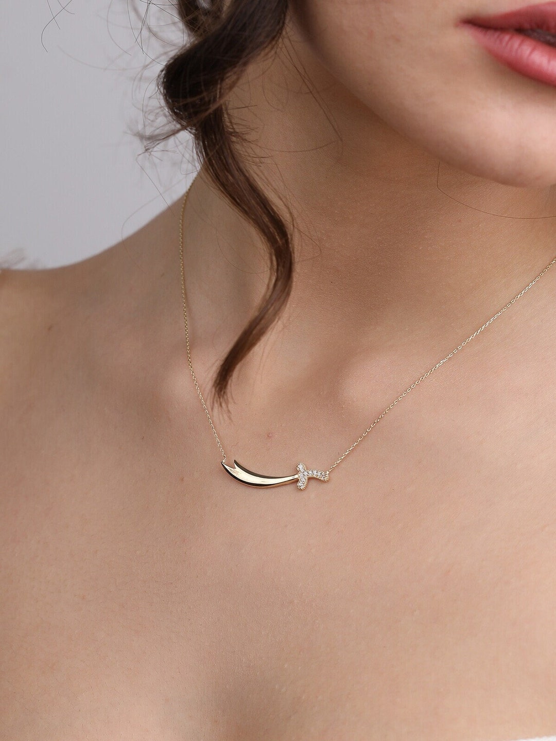 14k Solid Gold Sword Necklace Pendant- Cz Pave Sword Charm Necklace ...